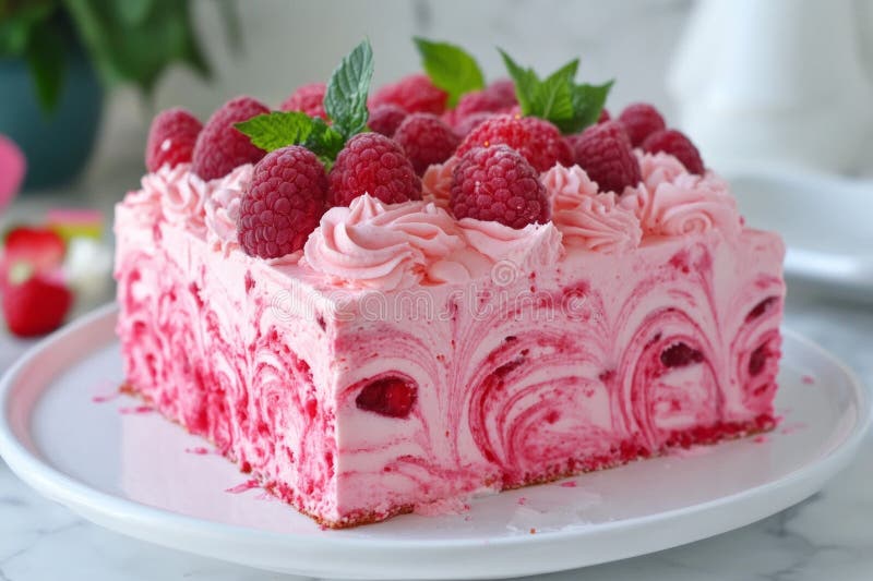 Raspberry Cake Slice on White Plate in Soft Natural Light. AI Image ...