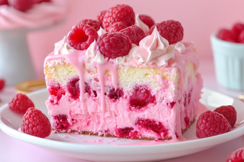 Raspberry Cake Slice on White Plate in Soft Natural Light. Neural ...