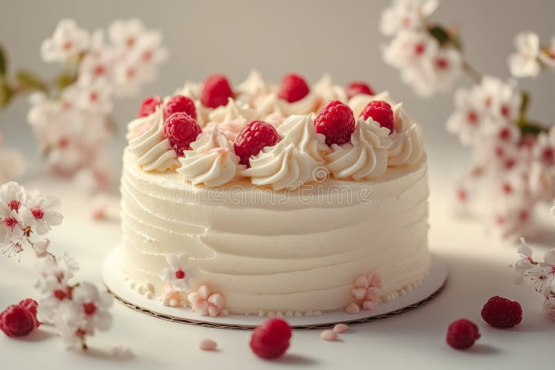 Raspberry Cake with Whipped Cream and Spring Flowers is Waiting To Be ...