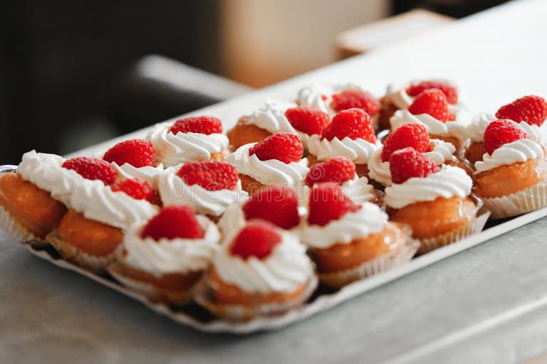 Raspberry Cakes Snacks at the Wedding on the Plate Stock Photo - Image ...