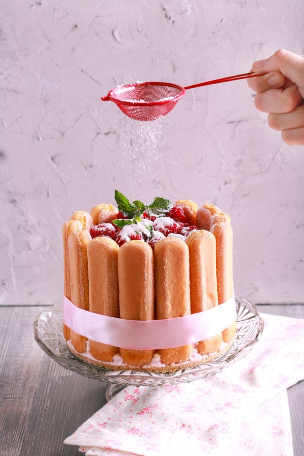 Raspberry Charlotte Cake with Icing Sugar Stock Photo - Image of ...