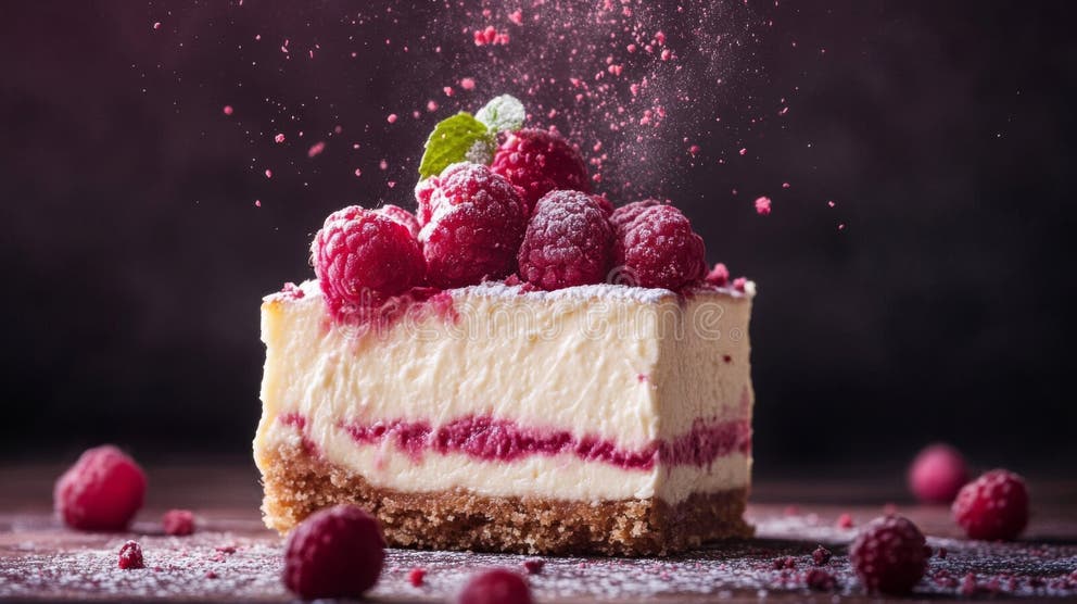 Raspberry Cheesecake Slice with Powdered Sugar Stock Illustration ...