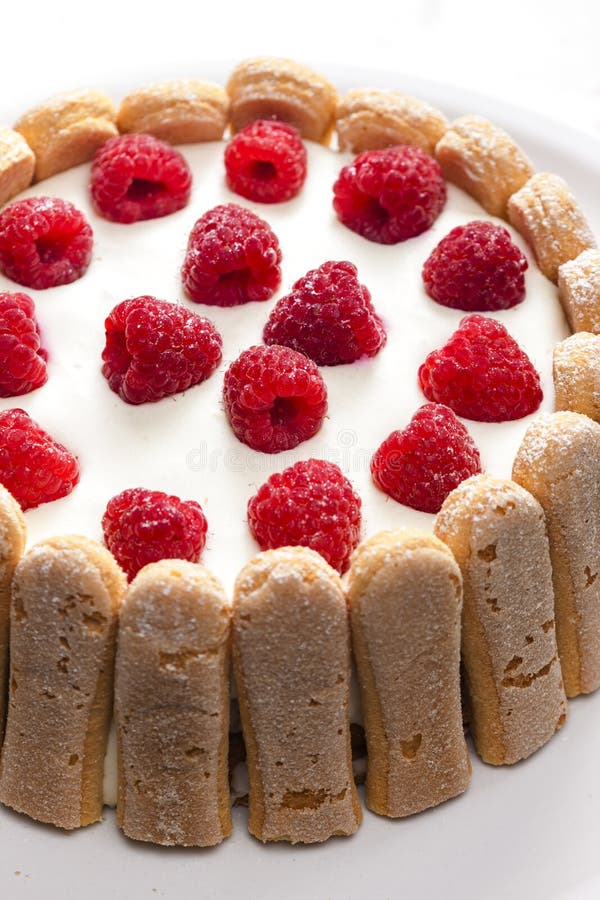 Raspberry Cream Cake with Italian Sponge Cakes Around Stock Image ...