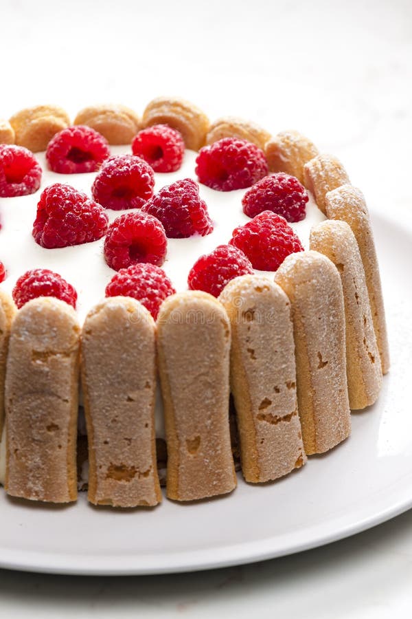 Raspberry Cream Cake with Italian Sponge Cakes Around Stock Image ...