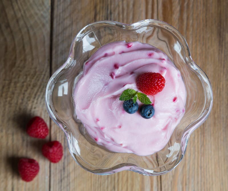 Raspberry Cream Dessert with Mint Stock Image - Image of glass, view ...