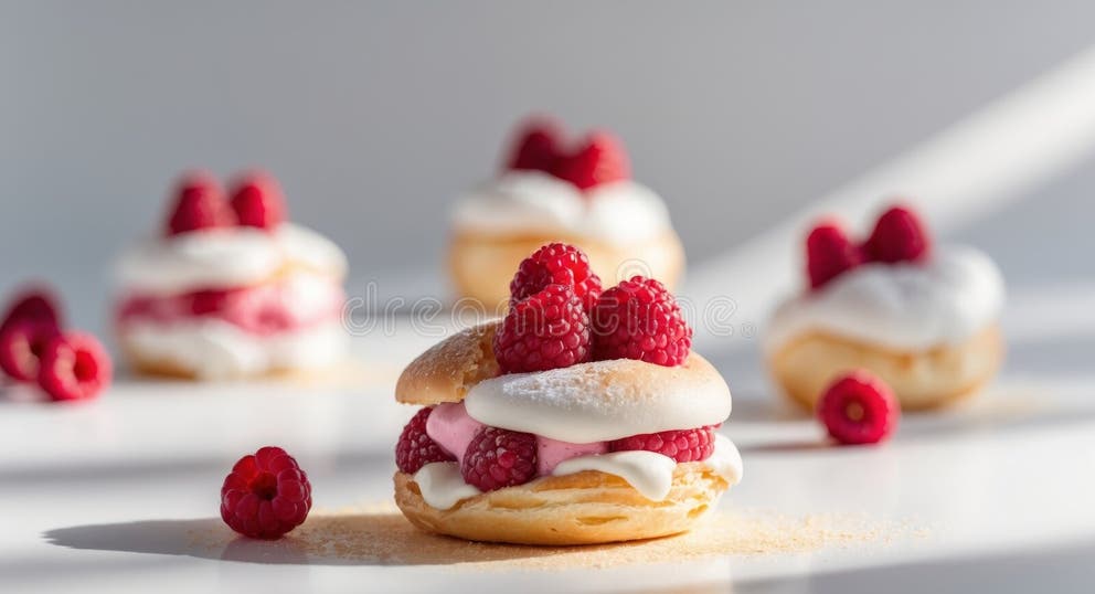 Raspberry Cream Puff Dessert Splash Studio Shot Stock Image - Image of ...