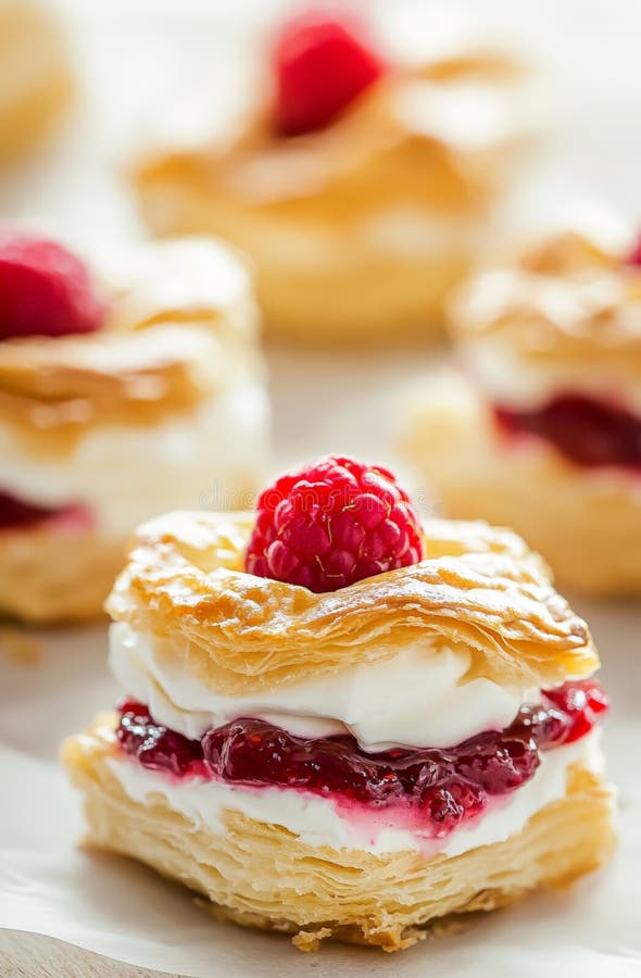 Raspberry Cream Puff Pastry Delight with Flaky Layers and Fresh Fruit ...