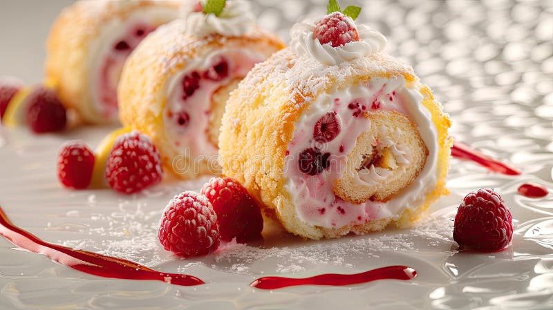 Raspberry Cream Roll Cakes on a White Background. Sweet Joy Stock ...