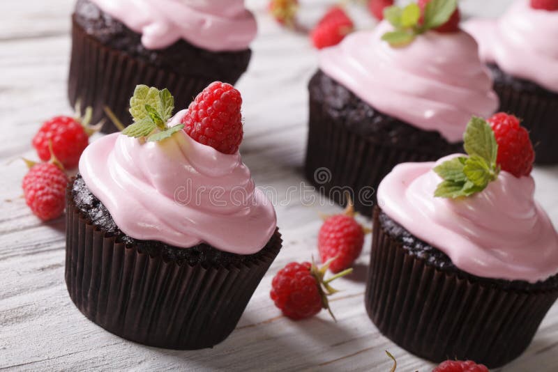 Raspberry Cupcakes with Fresh Mint on a Table Close-up. Horizontal ...