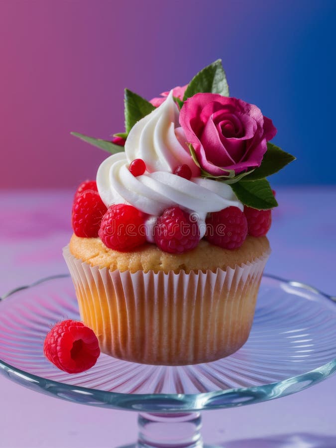 Raspberry Decorated Cupcake with Whipped Cream and Pink Rose on ...