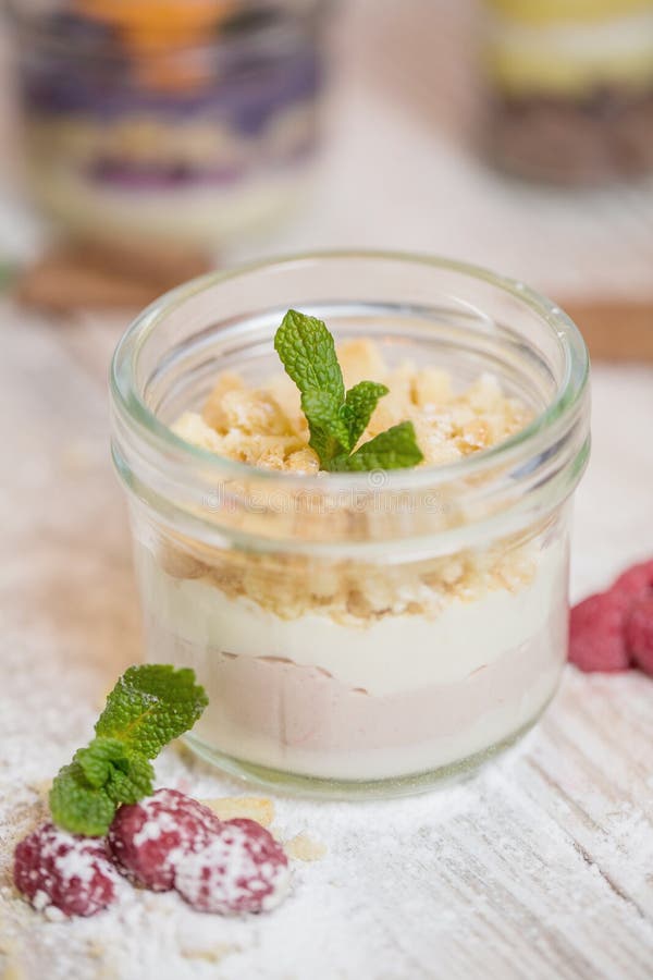 Raspberry Dessert Sprinkled with Powdered Sugar on Top, Mousse with a ...