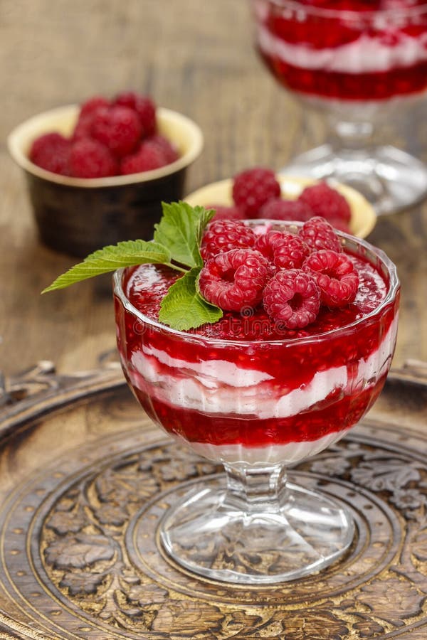 Raspberry Dessert on Wooden Table Stock Image - Image of juicy ...
