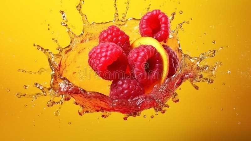 Raspberry Dropped on the Yellow Water Surface with Raspberry Slice and ...