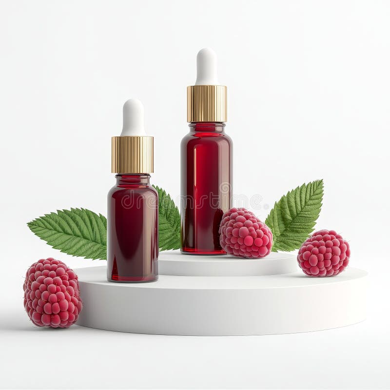 Raspberry Essential Oil in Glass Bottle with Fresh Raspberries and ...