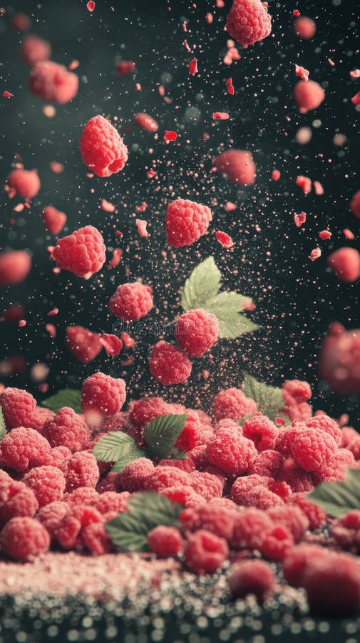 Raspberry Explosion with Leaves and Particles Flying Stock Image ...