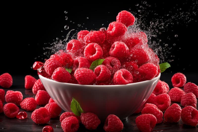 Raspberry Falling into Bowl, Captured in Graceful Moment, Ripe Fruit ...
