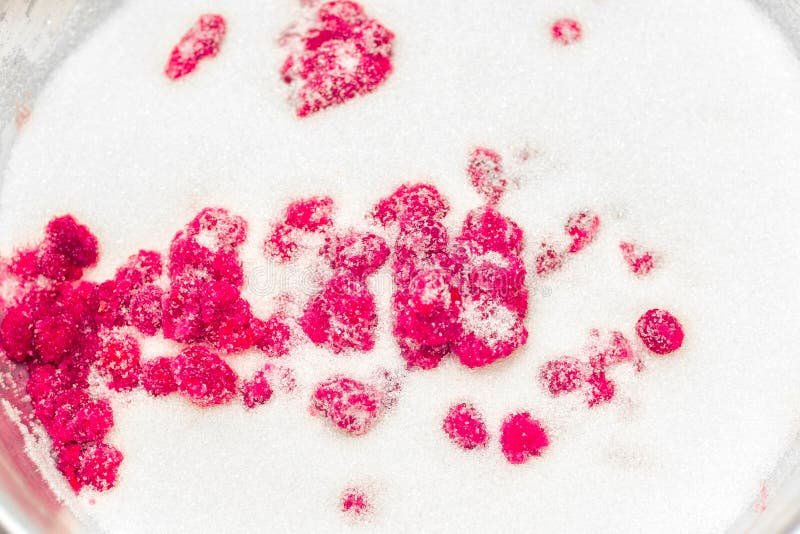 Raspberry Filled Up Sugar for Jam Flat Lay Close Up Stock Image - Image ...