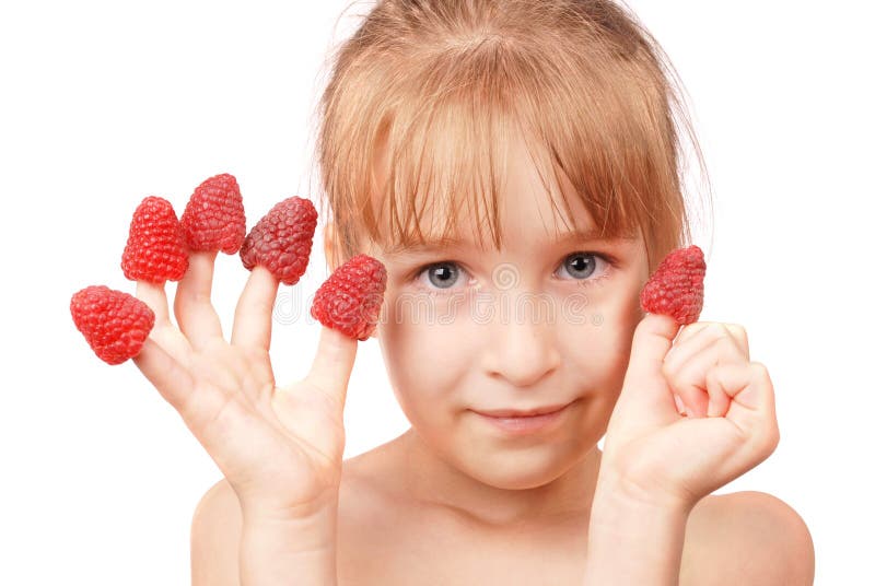 Raspberry on Fingers of a Little Girl Stock Image - Image of healthy ...
