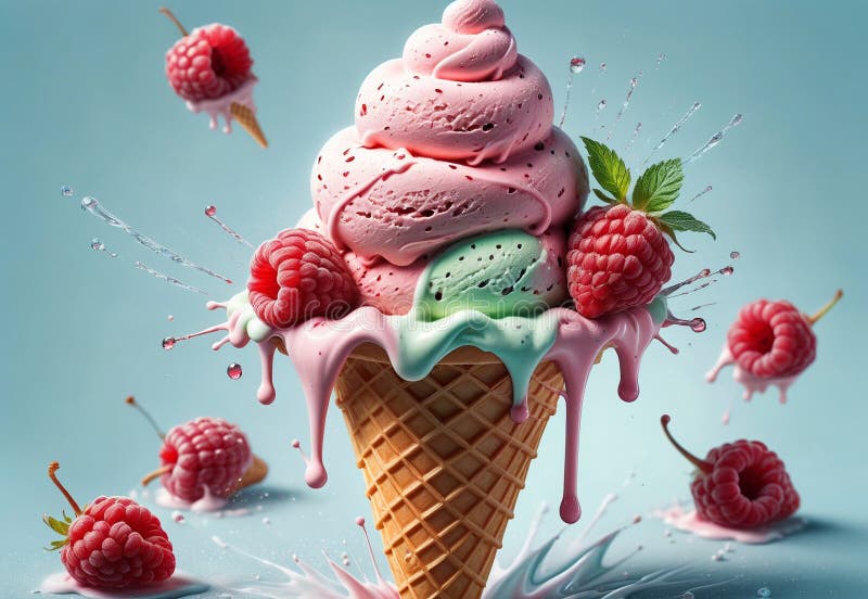 Raspberry Fresh Cold Ice Cream in Waffle Cone on Pastel Blue Background ...