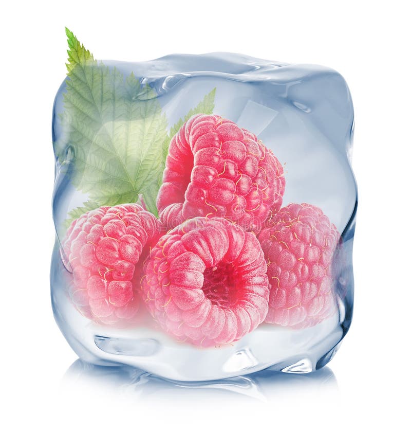 Raspberry Frozen in the Ice Cube Close-up on White Background Stock ...