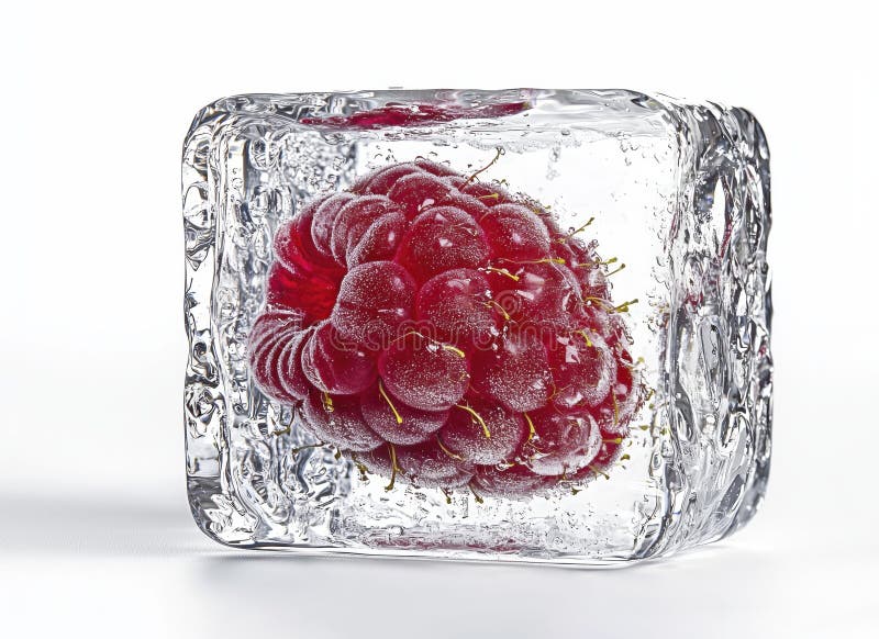 Raspberry Frozen in Transparent Ice Cube Isolated on White Background ...
