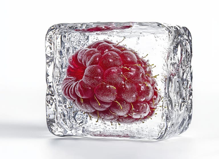 Raspberry Frozen in Transparent Ice Cube Isolated on White Background ...