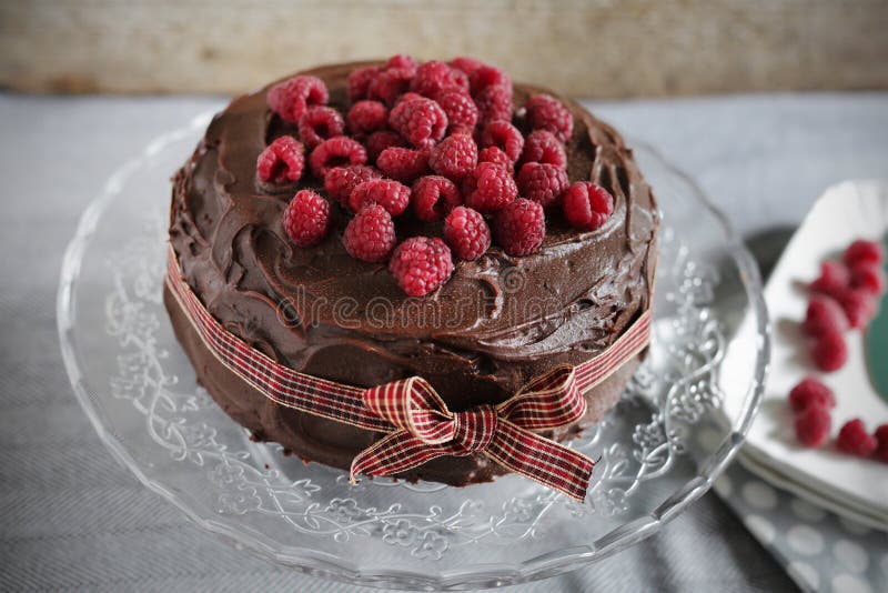Raspberry Fruit Cake with Chocolate Ganache and Ribbon Stock Photo ...