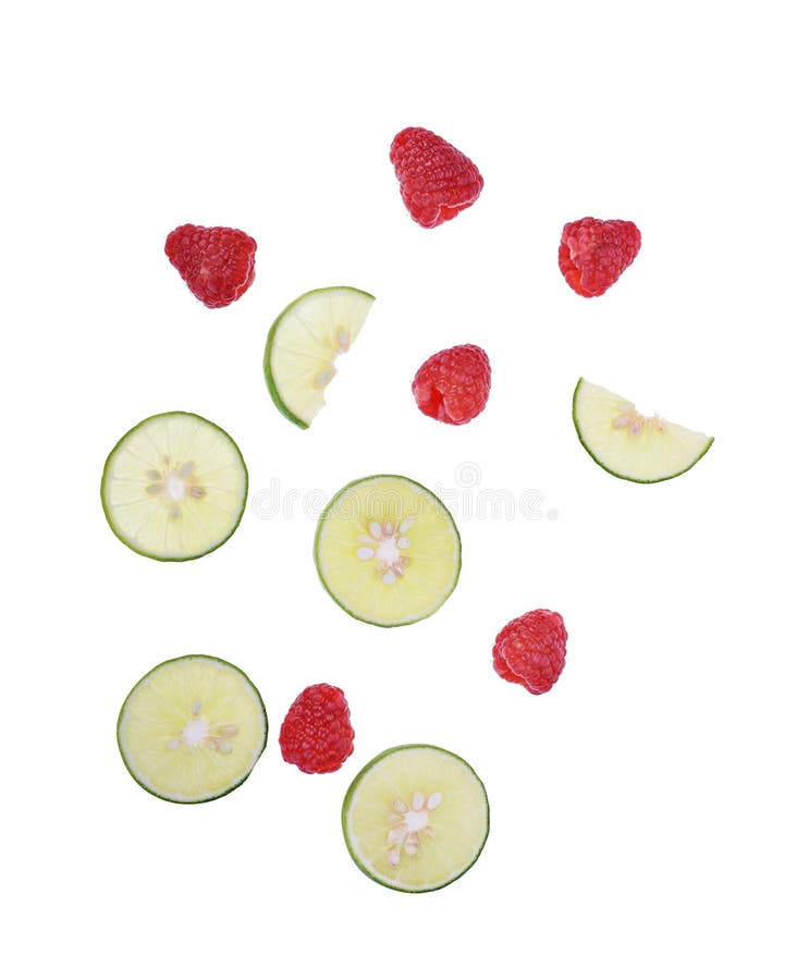 Raspberry Fruit and Lime Top View Isolated on White Background Stock ...