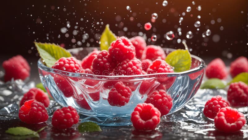 Raspberry Fruit and Raspberry Slices with Leaf Water Splash in Bowl ...