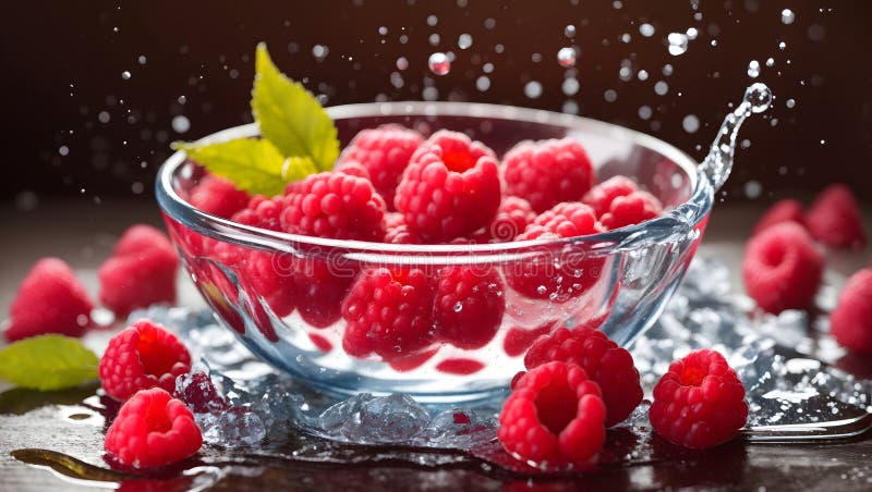 Raspberry Fruit and Raspberry Slices with Leaf Water Splash in Bowl ...