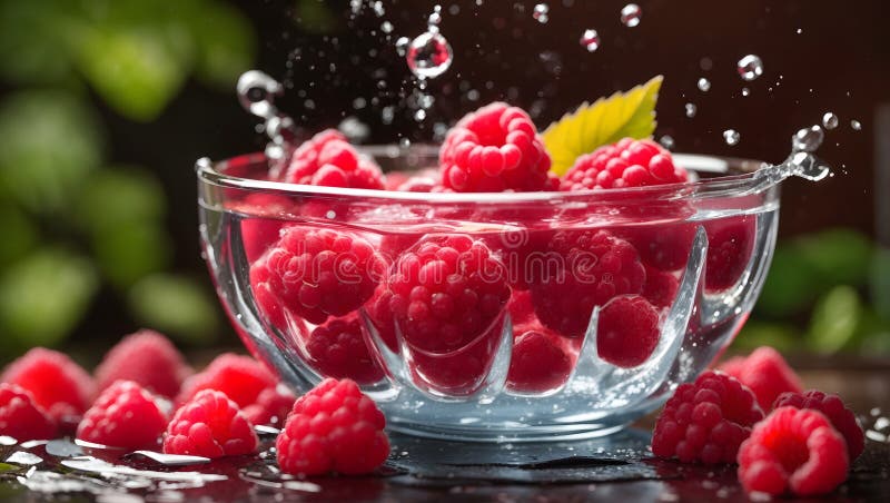 Raspberry Fruit and Raspberry Slices with Leaf Water Splash in Bowl ...