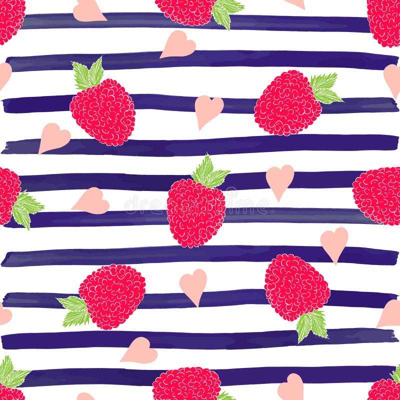 Raspberry Hand Drawn Sketch Striped Seamless Pattern. Vector ...