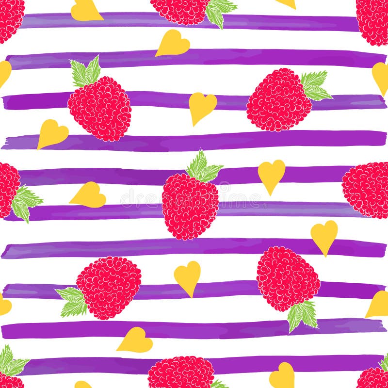Raspberry Hand Drawn Sketch Striped Seamless Pattern. Vector ...