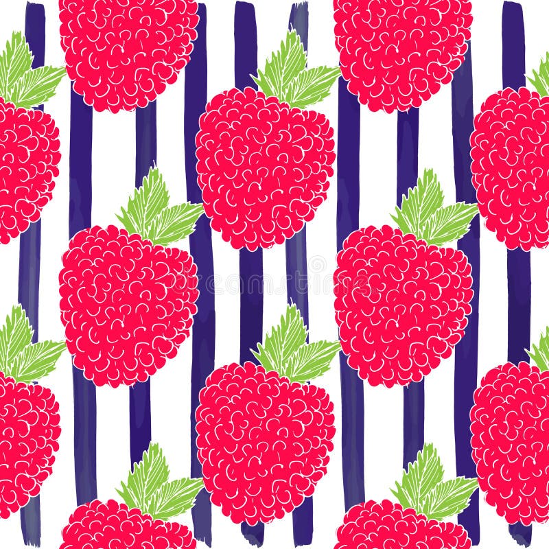 Raspberry Hand Drawn Sketch Striped Seamless Pattern. Vector ...