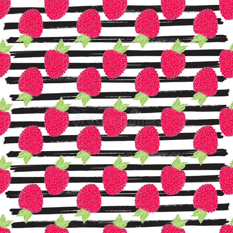 Raspberry Hand Drawn Sketch Striped Seamless Pattern. Vector ...