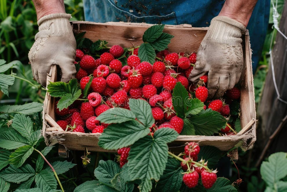 Raspberry Harvest in the Garden Stock Illustration - Illustration of ...