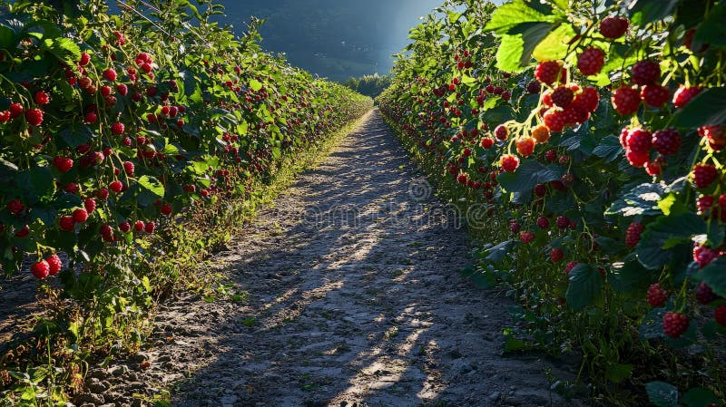 Raspberry Harvest, Rows of Plants, Sunny Farm. Food Use Stock Photo ...