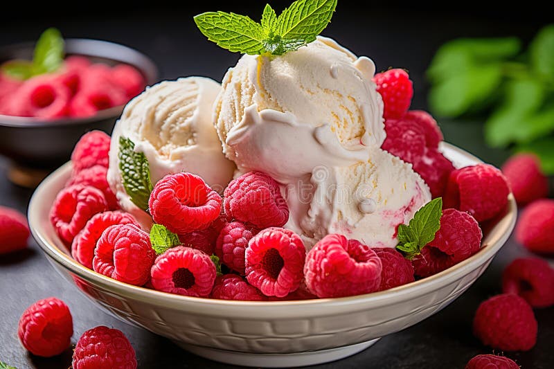 Raspberry Ice Cream Balls with Natural Raspberries. Generative AI Stock ...