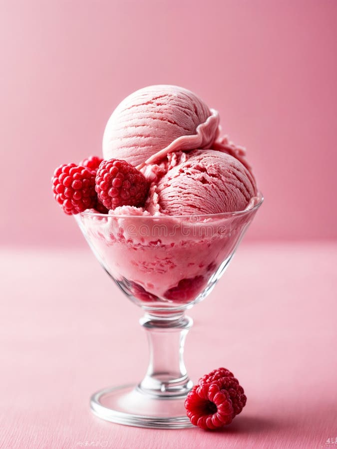 Raspberry Ice Cream. Ice Cream in a Clear Glass and Berries Stock ...