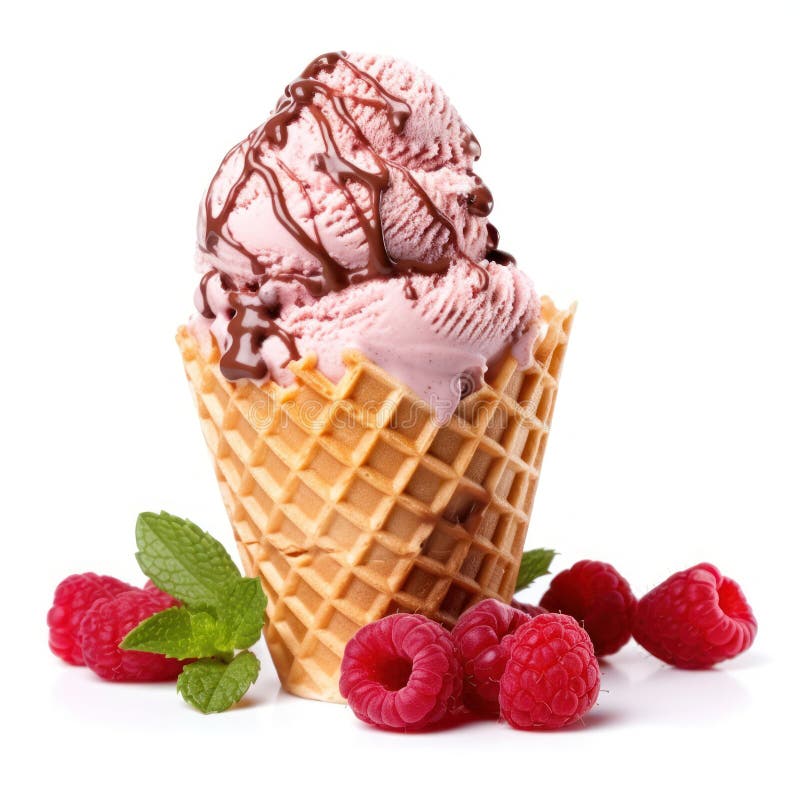 Raspberry Ice Cream Cone with Chocolate Drizzle and Fresh Berries on ...
