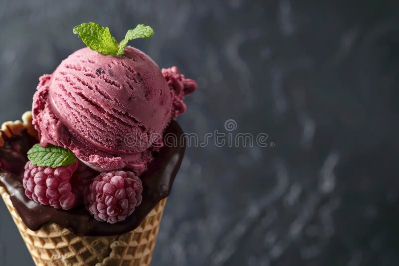 Scoop of Raspberry Ice Cream, Garnished with Fresh Raspberries and Mint ...