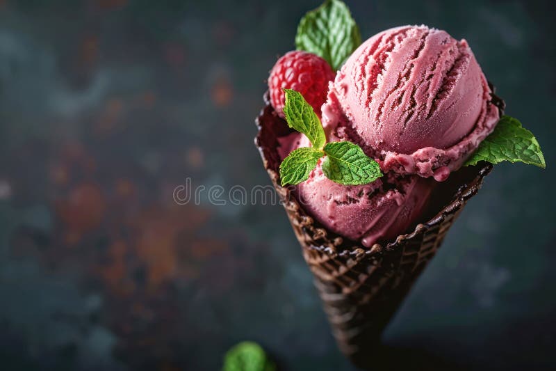 Scoop of Raspberry Ice Cream, Garnished with Fresh Raspberries and Mint ...
