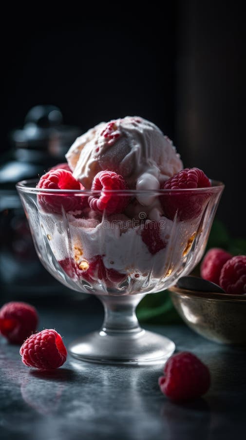 Raspberry Ice Cream in a Glass Bowl , Ai, Ai Generative, Illustration ...