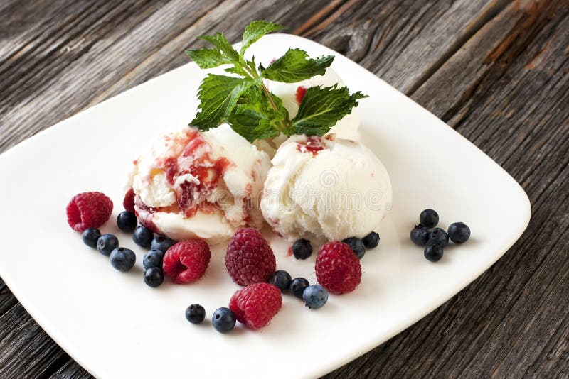 Raspberry Ice Cream Served with Fresh Berries Stock Photo - Image of ...