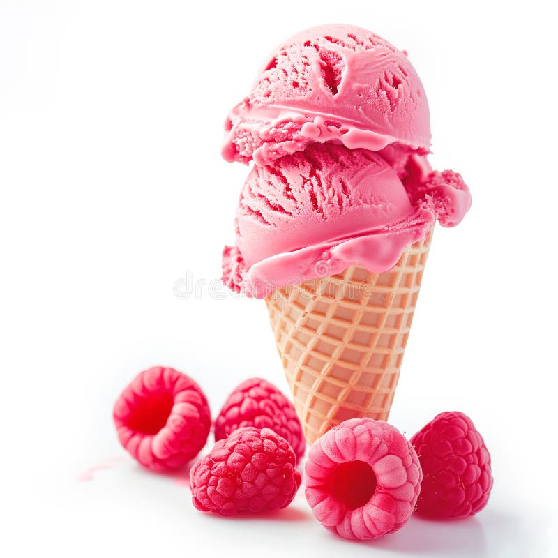 Raspberry Ice Cream in a Waffle Cone, Garnished with Whole Fresh ...