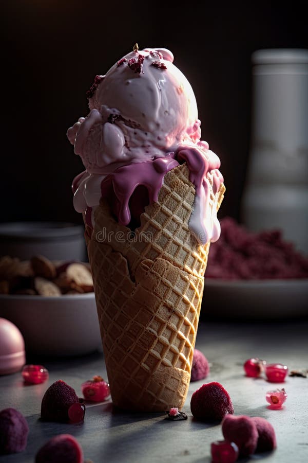 Raspberry Ice Cream in a Waffle Cone. Generative Ai Stock Illustration ...