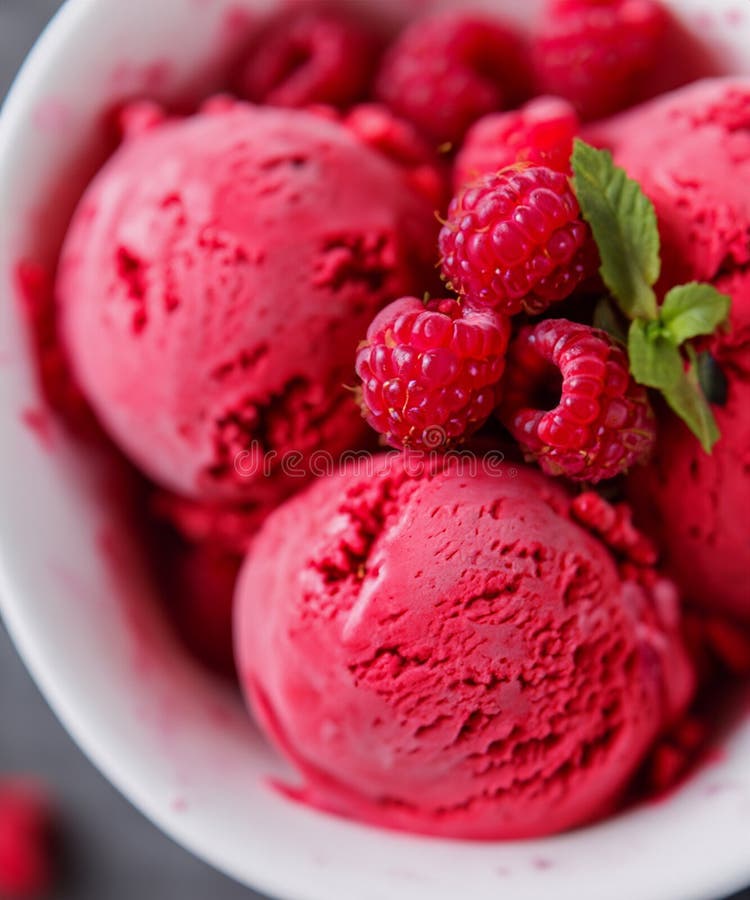 Raspberry Ice Cream in White Bowl Close Up Stock Illustration ...