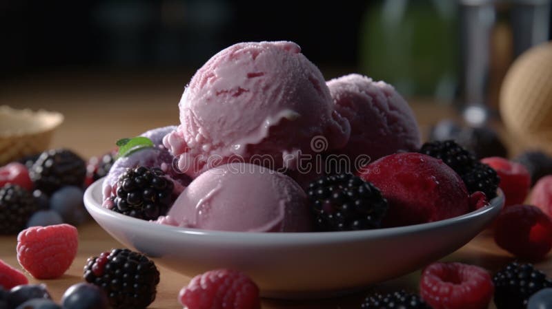 Raspberry Ice Cream in White Bowl Overhead Shot Stock Illustration ...