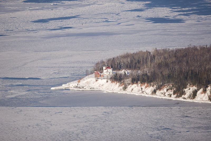Raspberry Island Light House in Winter Stock Image - Image of island ...
