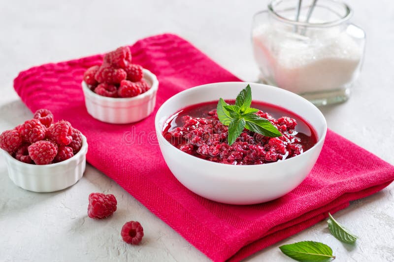 Raspberry Jam in a Bowl, Fresh Berries, Mint Leaves, Sugar Stock Image ...